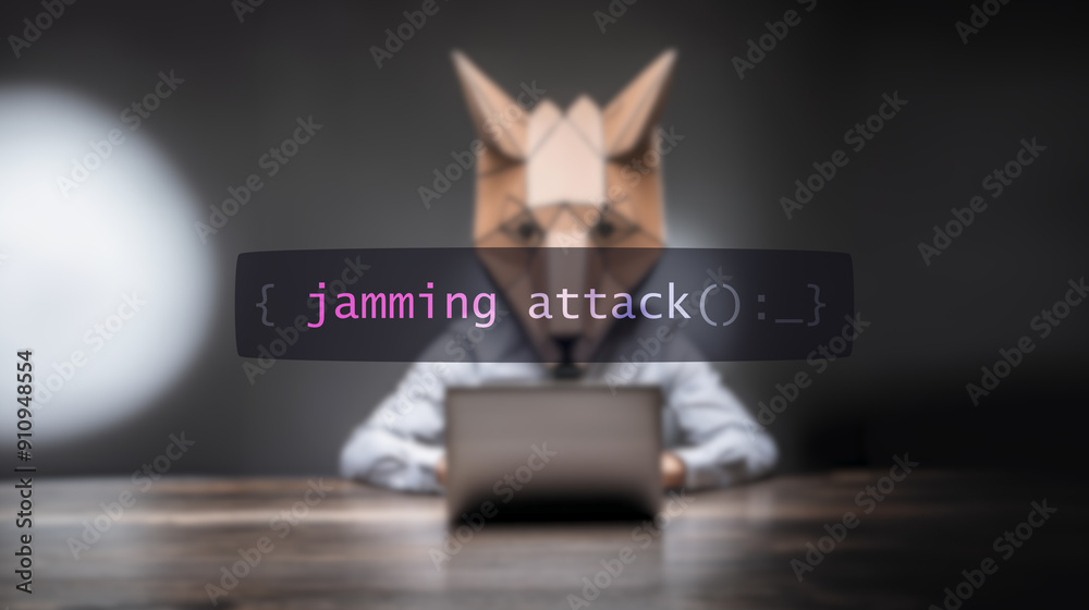Cybersecurity concept jamming attack on foreground screen, hacker silhouette hidden with low ...