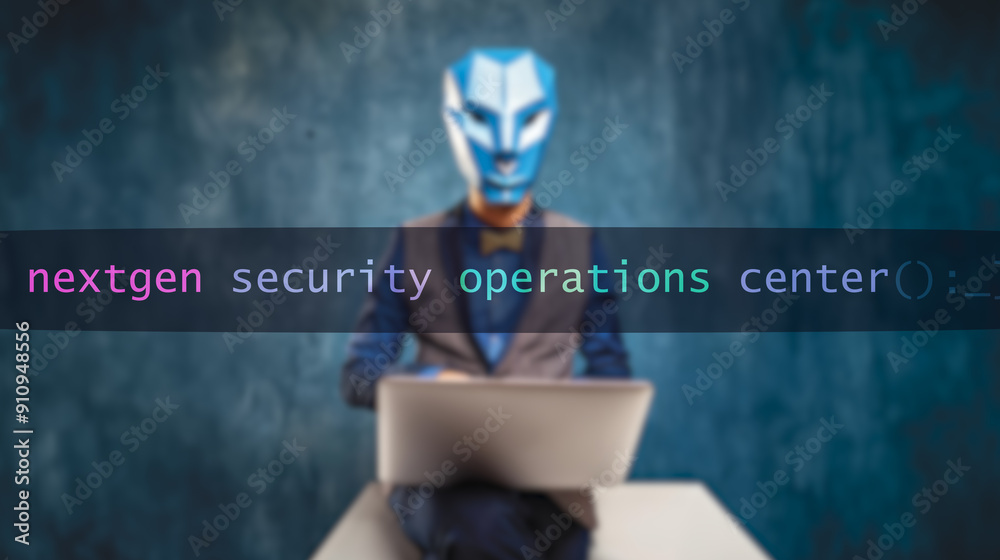 Cybersecurity concept nextgen security operations center on foreground screen, hacker silhouette ...