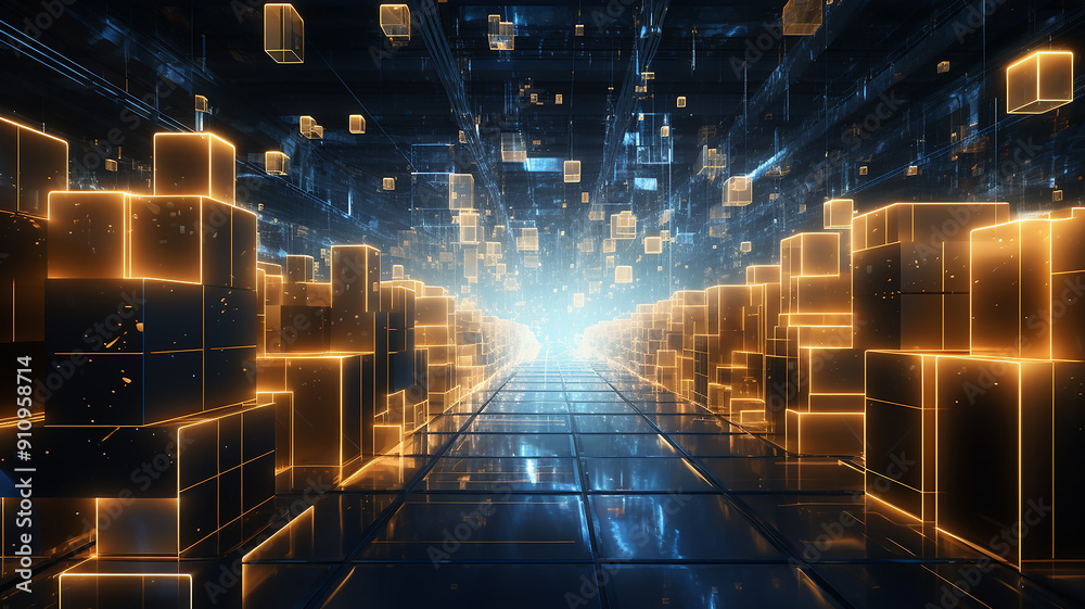 warehouse technology of the future, warehouse program, neon background ...