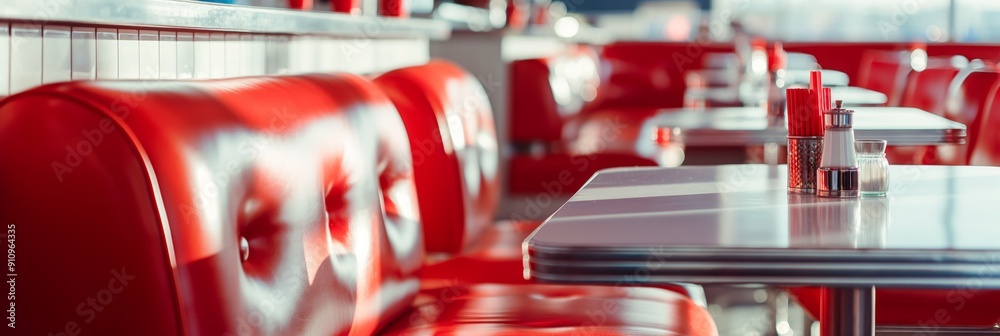 Empty retro-style diner featuring red booths and table with condiments ...