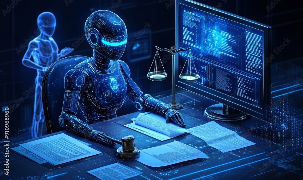 Futuristic AI Judge in Digital Courtroom: Holographic Scales of Justice ...