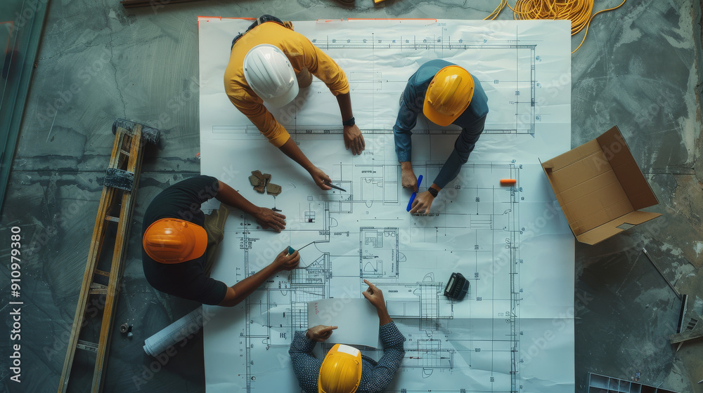 An overhead view of construction workers wearing helmets as they ...