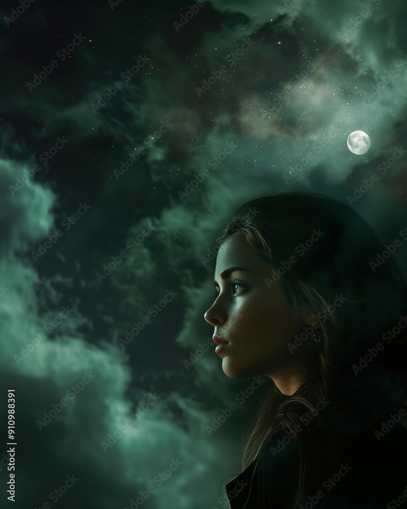 Portrait of a girl in profile against the background of the night sky ...