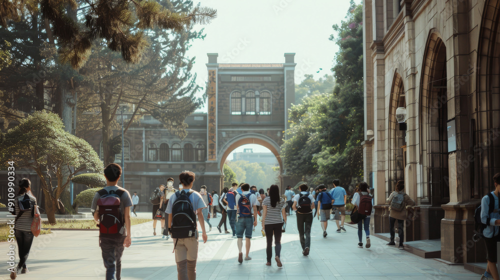 Students walk through a picturesque university campus, with sunlight ...