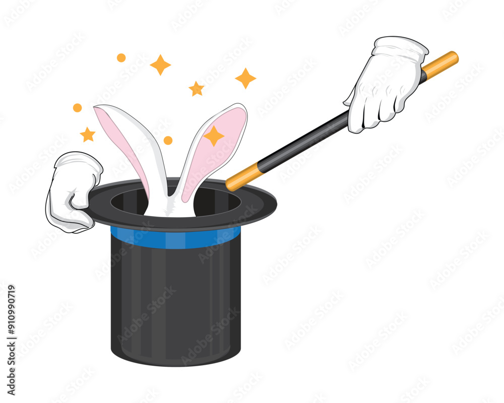 vector illustration design of a black magician's hat. White rabbit ears ...