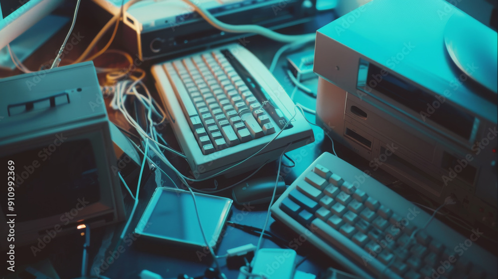 A cluttered desk filled with vintage computing equipment, evoking ...