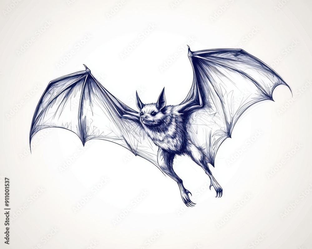 Elegant line drawing of a vampire bat with spread wings, emphasizing ...