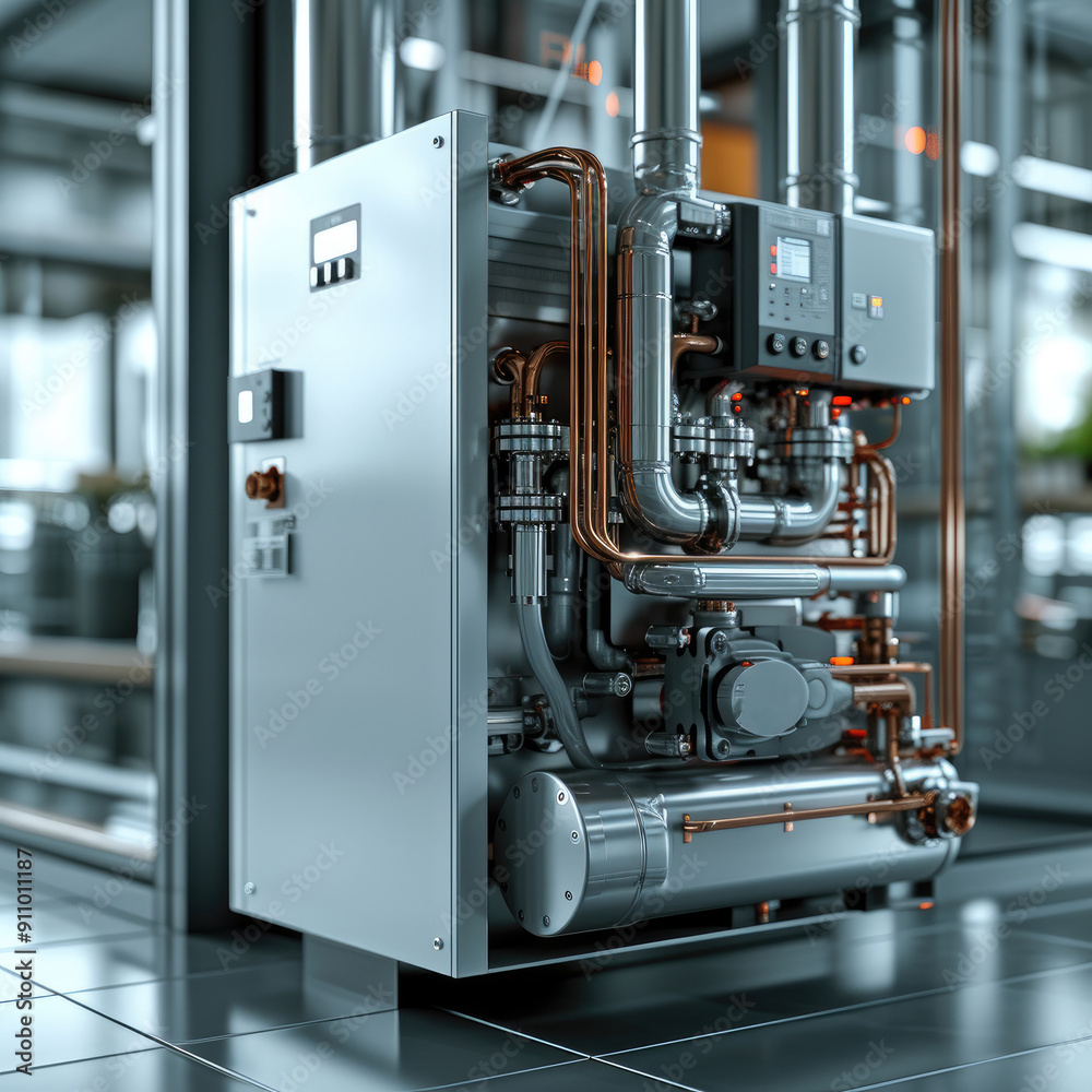 modern industrial heating system with intricate pipework and a control ...