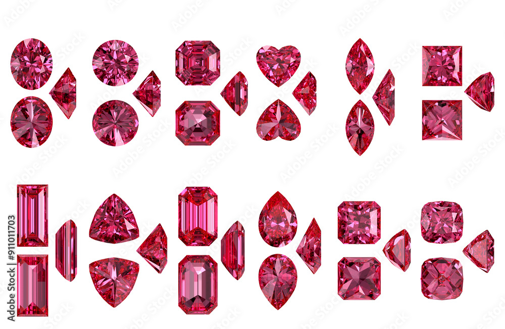 Red ruby diamonds multiple type isolated background on top, side and ...