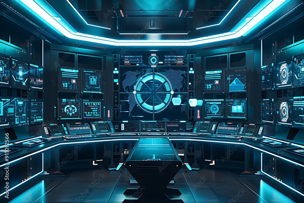 A cyber-security control room with multiple screens displaying real ...