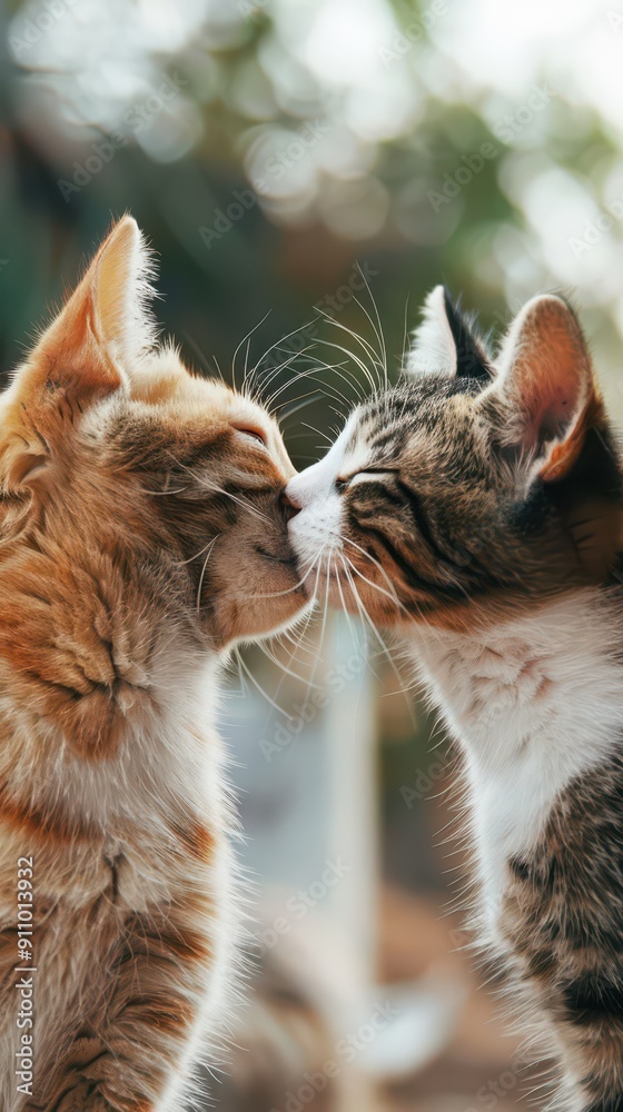 Two cats lean in and touch noses, showcasing a sweet moment in a warm ...
