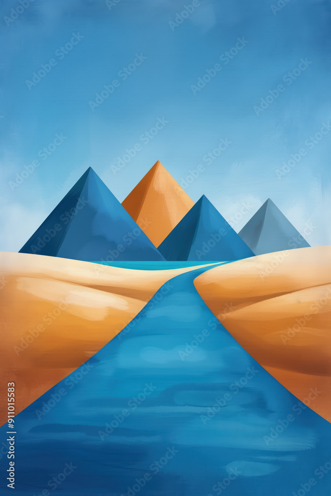 'Artistic depiction of Egyptian pyramids with a river flowing in the ...