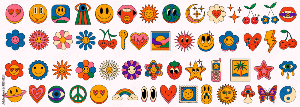 Set Of Groovy Stickers Vector Design. Collection Of Acid Trippy Icons ...