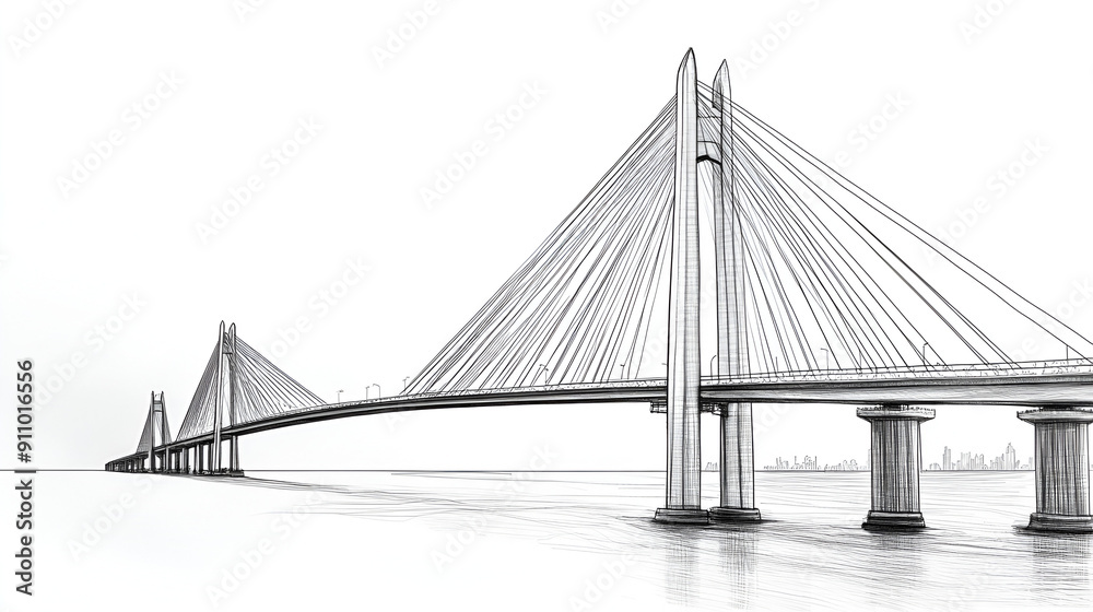 Hanging Bridge of Mumbai Sealink Line Drawing on White Background Stock ...