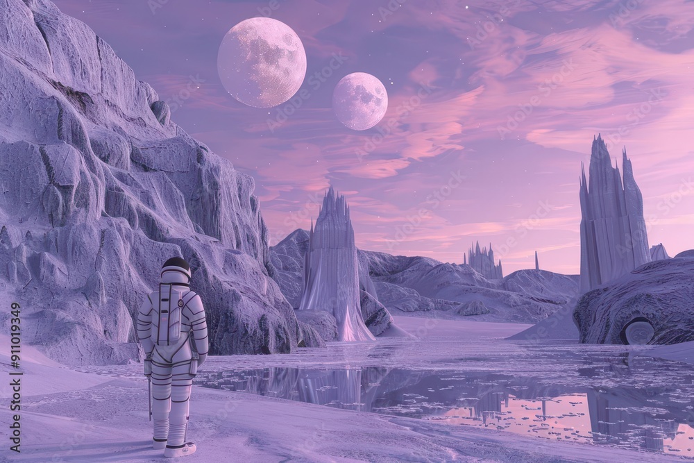 astronaut exploring a crystalline alien world with towering ice spires ...