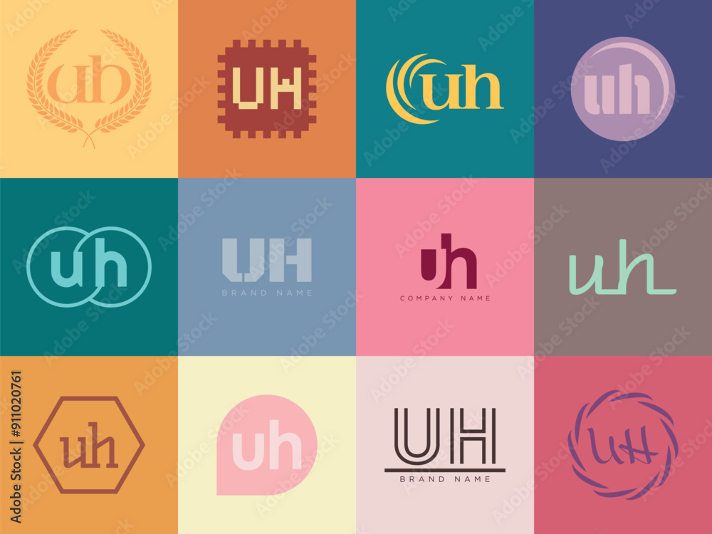 UH logo company template. Letter u and h logotype. Set different ...