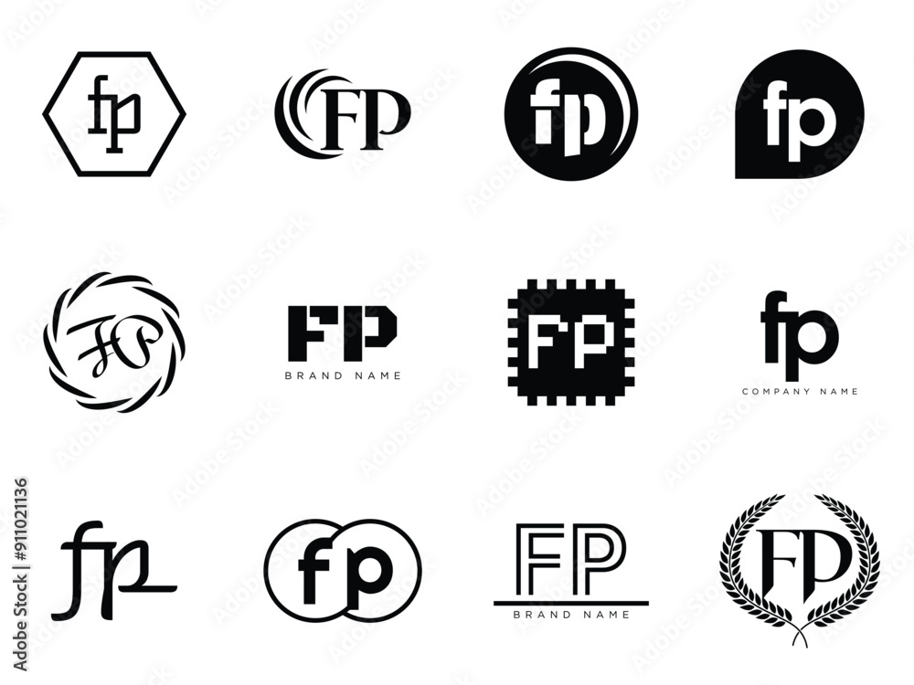 FP logo company template. Letter f and p logotype. Set different ...