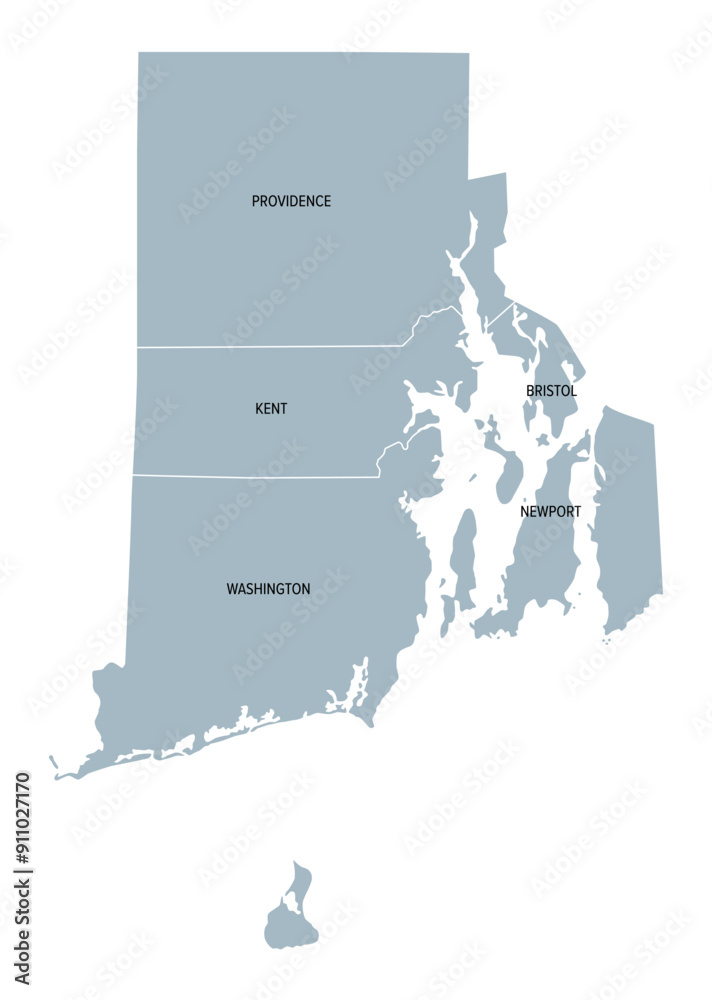 Rhode Island, U.S. state subdivided into 5 counties, gray political map ...