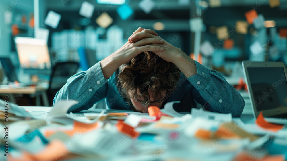 Man is depressed and drowning in papers because he has too much work ...
