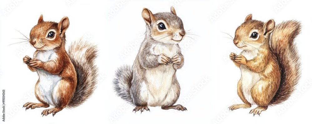 An illustration of three squirrels isolated on white background in ...