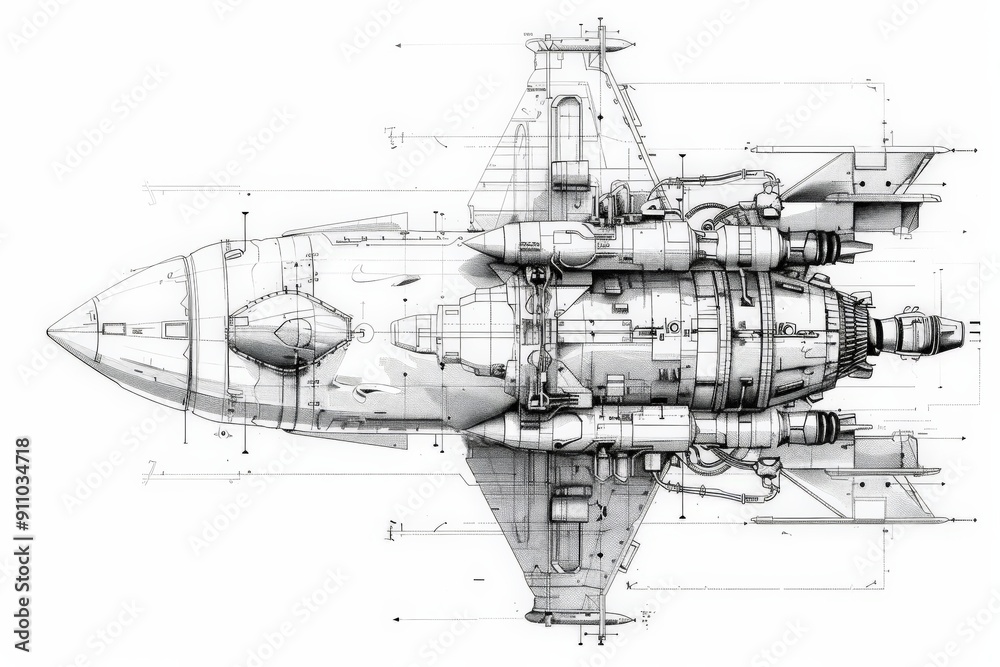 Monochrome highly detailed blueprint of a futuristic spaceship from a ...