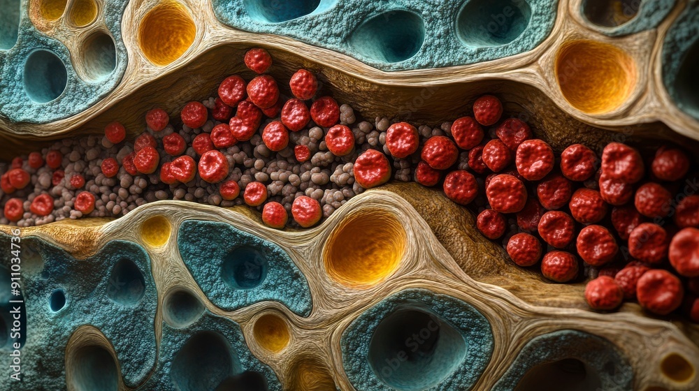 A detailed cross-section of bone marrow showing the production of red ...