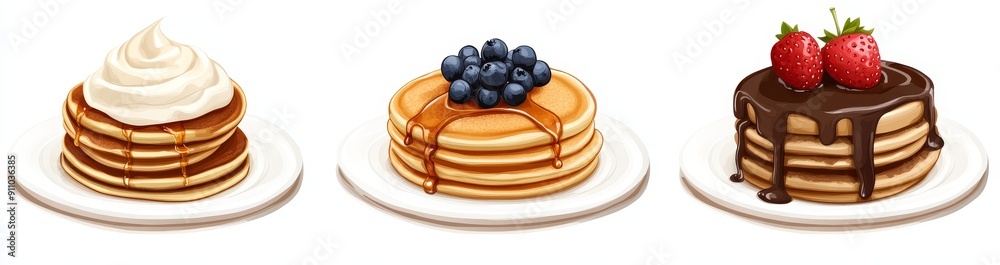 Pancake stacks with different toppings (maple, raspberry, chocolate syrup) isolated on white ...