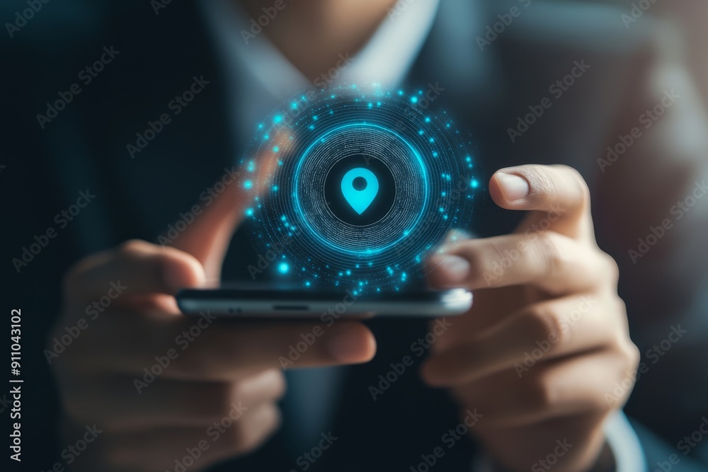 Businessman using a smartphone with a digital user profile icon ...