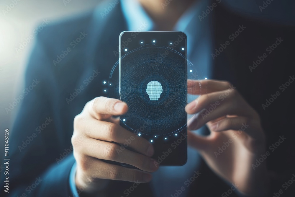 Businessman using a smartphone with a digital user profile icon ...