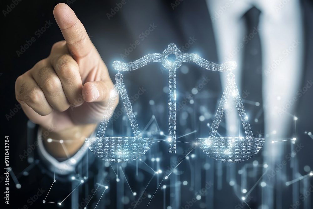 Professional pointing at a balance scale icon on a digital interface ...