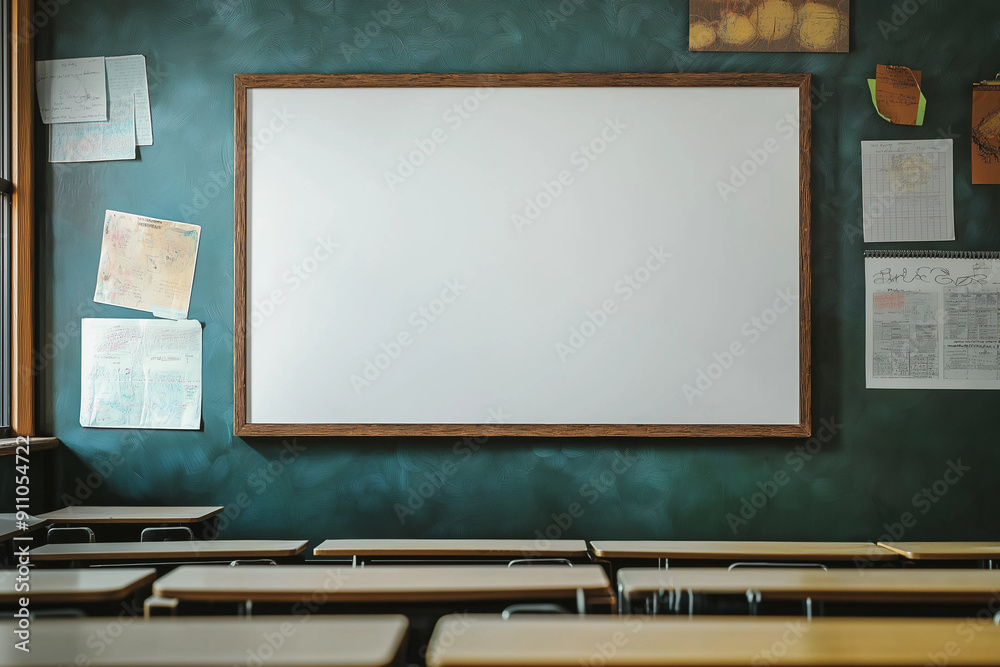 The blank whiteboard in the classroom, white board with frame on wall ...