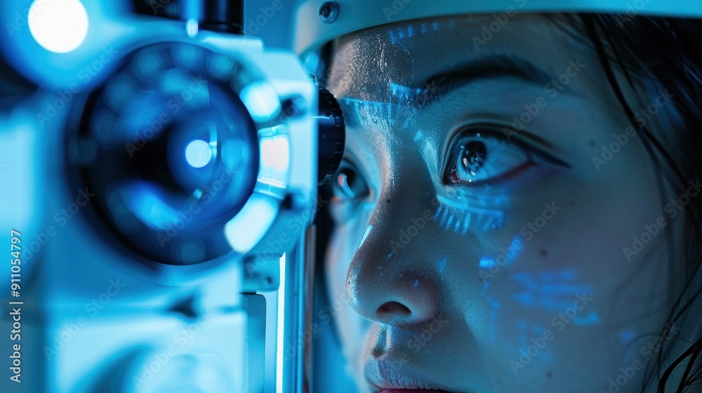 Realistic photograph of patient undergoing eye exam with automated ...