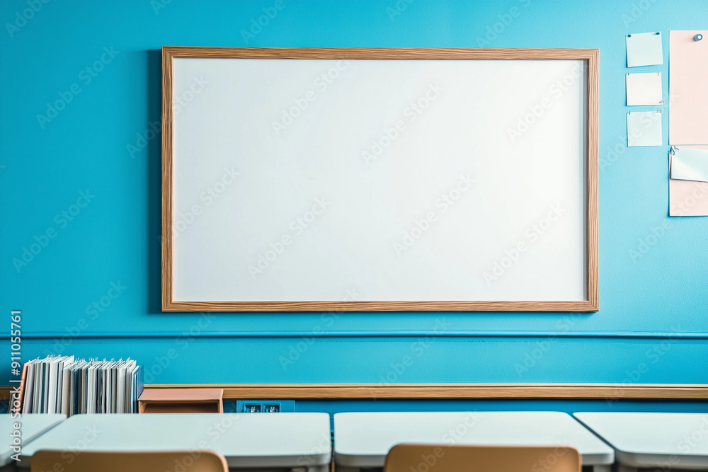 The blank whiteboard in the classroom, white board with frame on wall ...