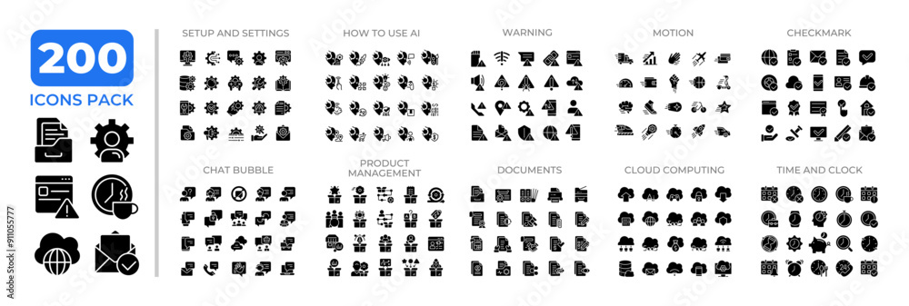 Modern computer technology glyphs icon set collection. Warning, motion ...