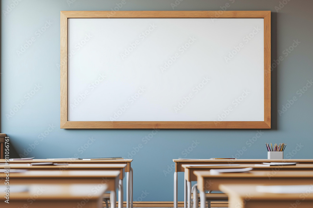 The blank whiteboard in the classroom, white board with frame on wall ...
