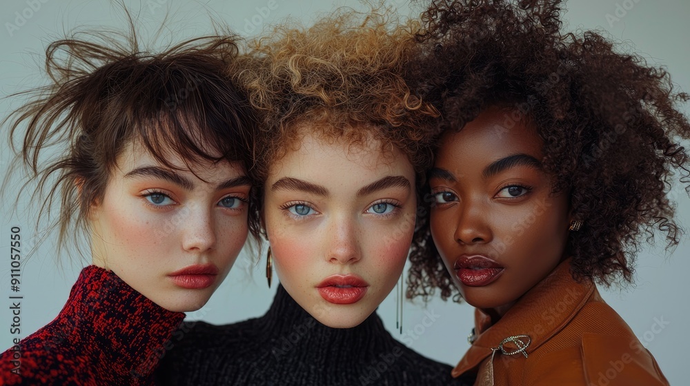 Three beautful fashion models of different races with natural makeup on ...