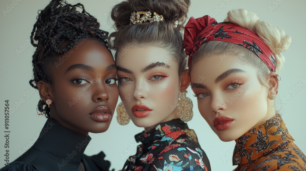 Three beautful fashion models of different races with natural makeup on ...