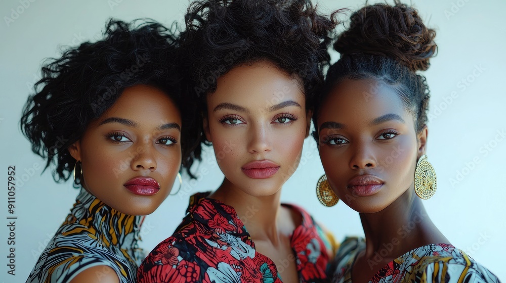 Three beautful fashion models of different races with natural makeup on ...