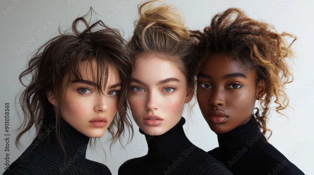 Three beautful fashion models of different races with natural makeup on ...