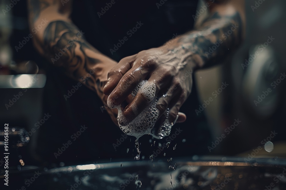 Hands with elaborate tattoos lathered in soap, captured mid-wash ...