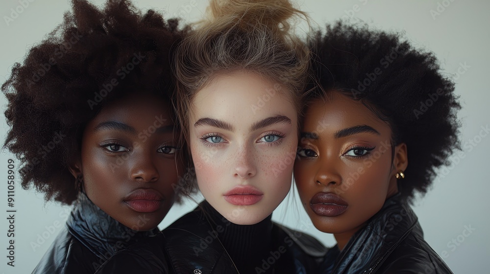 Three beautful fashion models of different races with natural makeup on ...