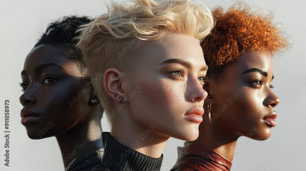 Three beautful fashion models of different races with natural makeup on ...