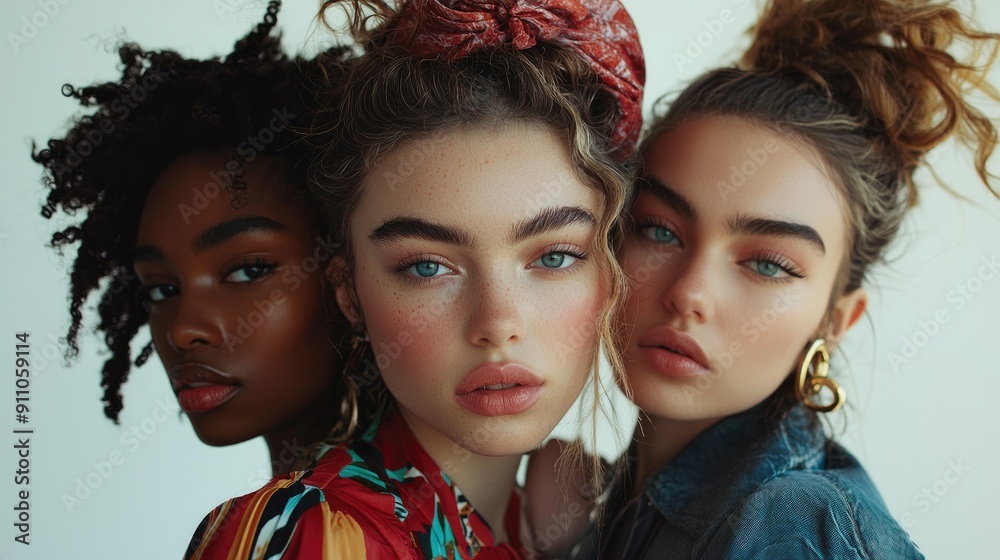 Three beautful fashion models of different races with natural makeup on ...