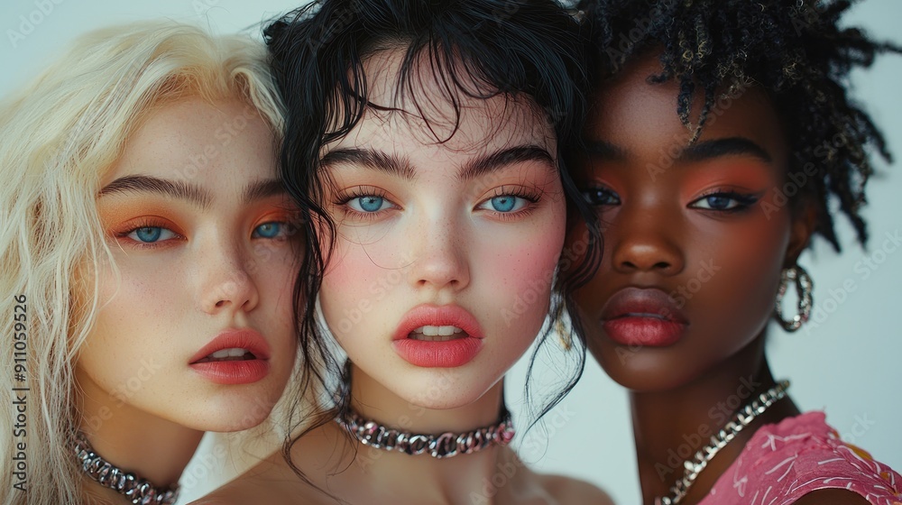 Three beautful fashion models of different races with natural makeup on ...