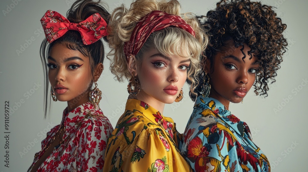 Three beautful fashion models of different races with natural makeup on ...