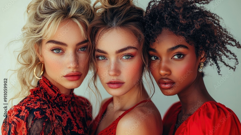 Three beautful fashion models of different races with natural makeup on ...