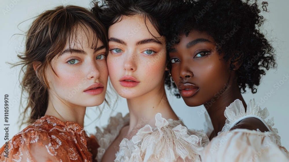 Three beautful fashion models of different races with natural makeup on ...