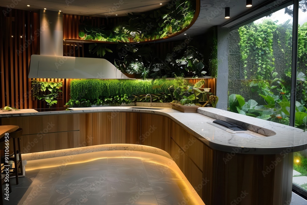biophilic kitchen design living wall curved organic counters hidden led ...