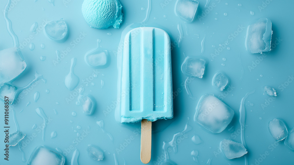 Top view of blue popsicle on a cyan background with scattered ice cubes ...