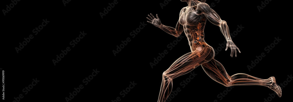 Anatomical structure of muscular system of human body, dark background ...